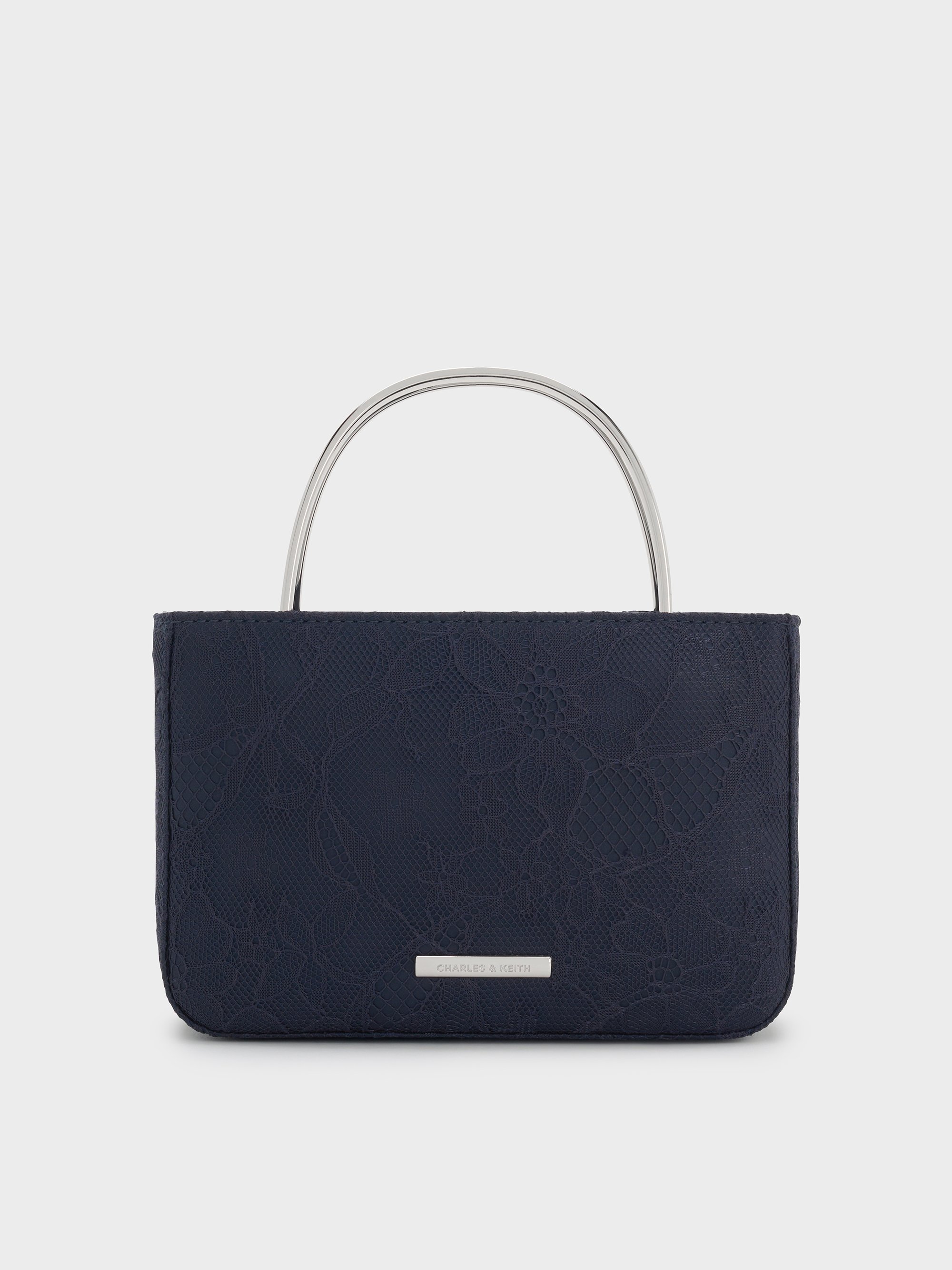 Dark Blue Textured Jennis Lace & Satin Top Handle Bag - CHARLES & KEITH UK