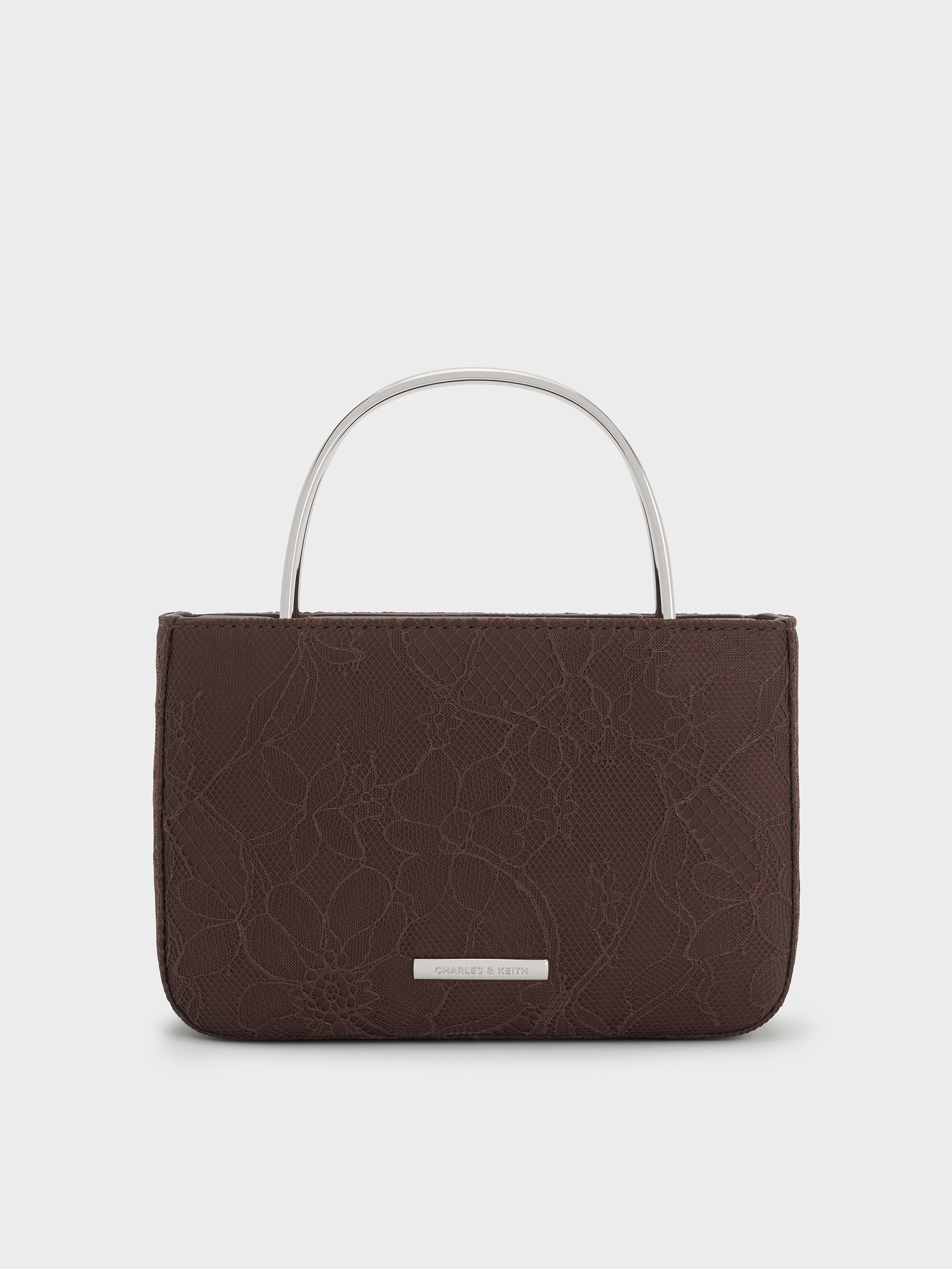 Dark Brown Textured Jennis Lace & Satin Top Handle Bag - CHARLES & KEITH UK