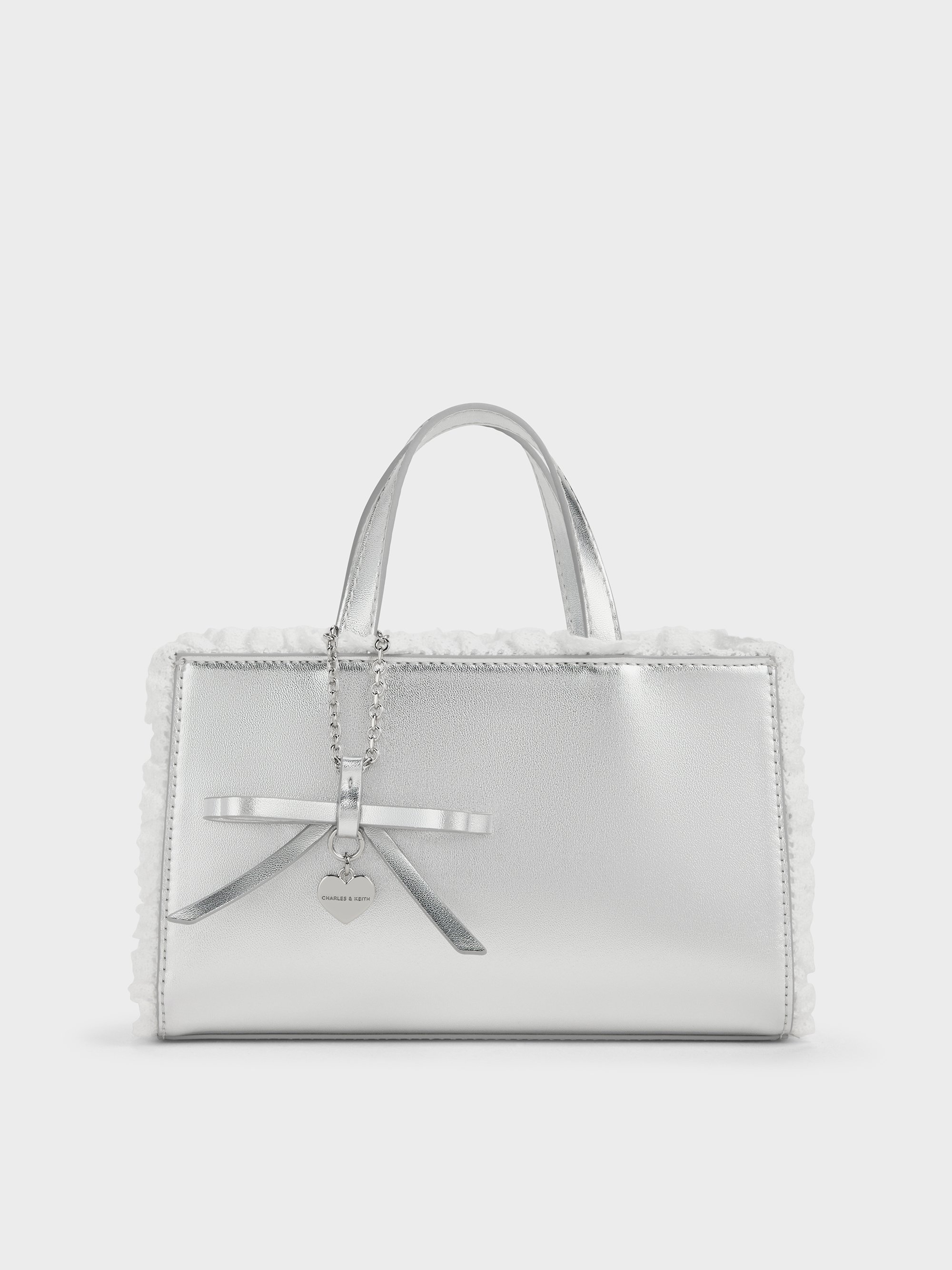 Silver Raina Metallic Lace-Trim Tote Bag - CHARLES & KEITH UK