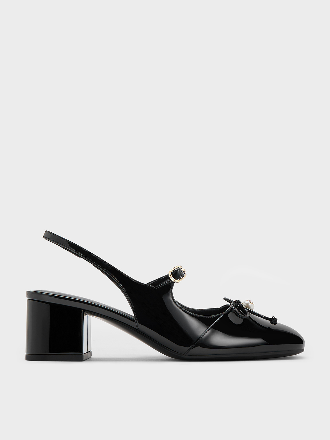 Black Patent Bow Crystal-Pearl Slingback Mary Jane Pumps - CHARLES ...