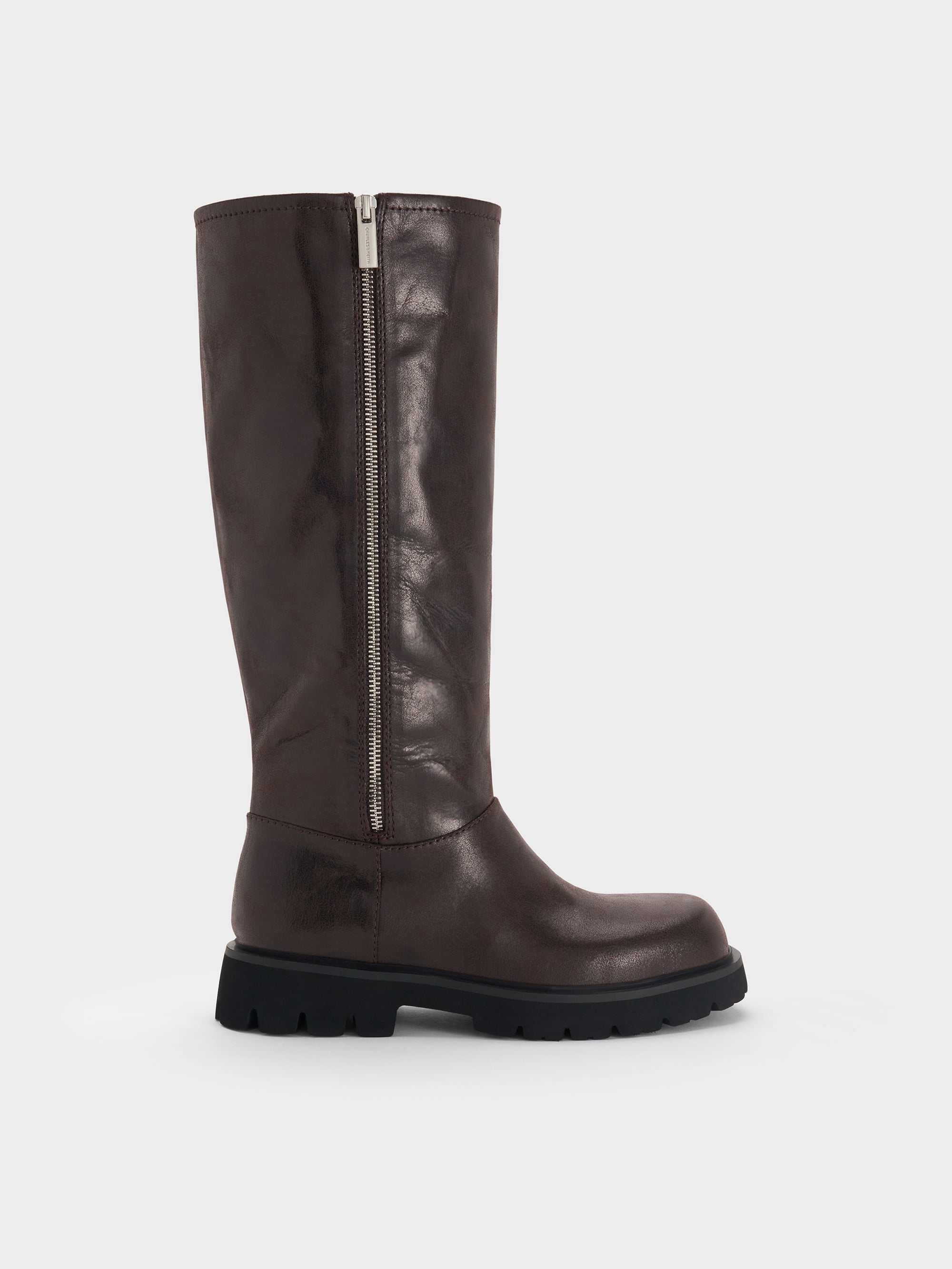 Dark Brown Textured Rosamond Knee-High Boots - CHARLES & KEITH UK