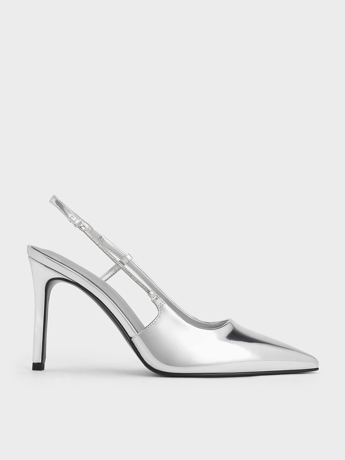 Silver Metallic Chain-Strap Pointed-Toe Slingback Pumps - CHARLES ...
