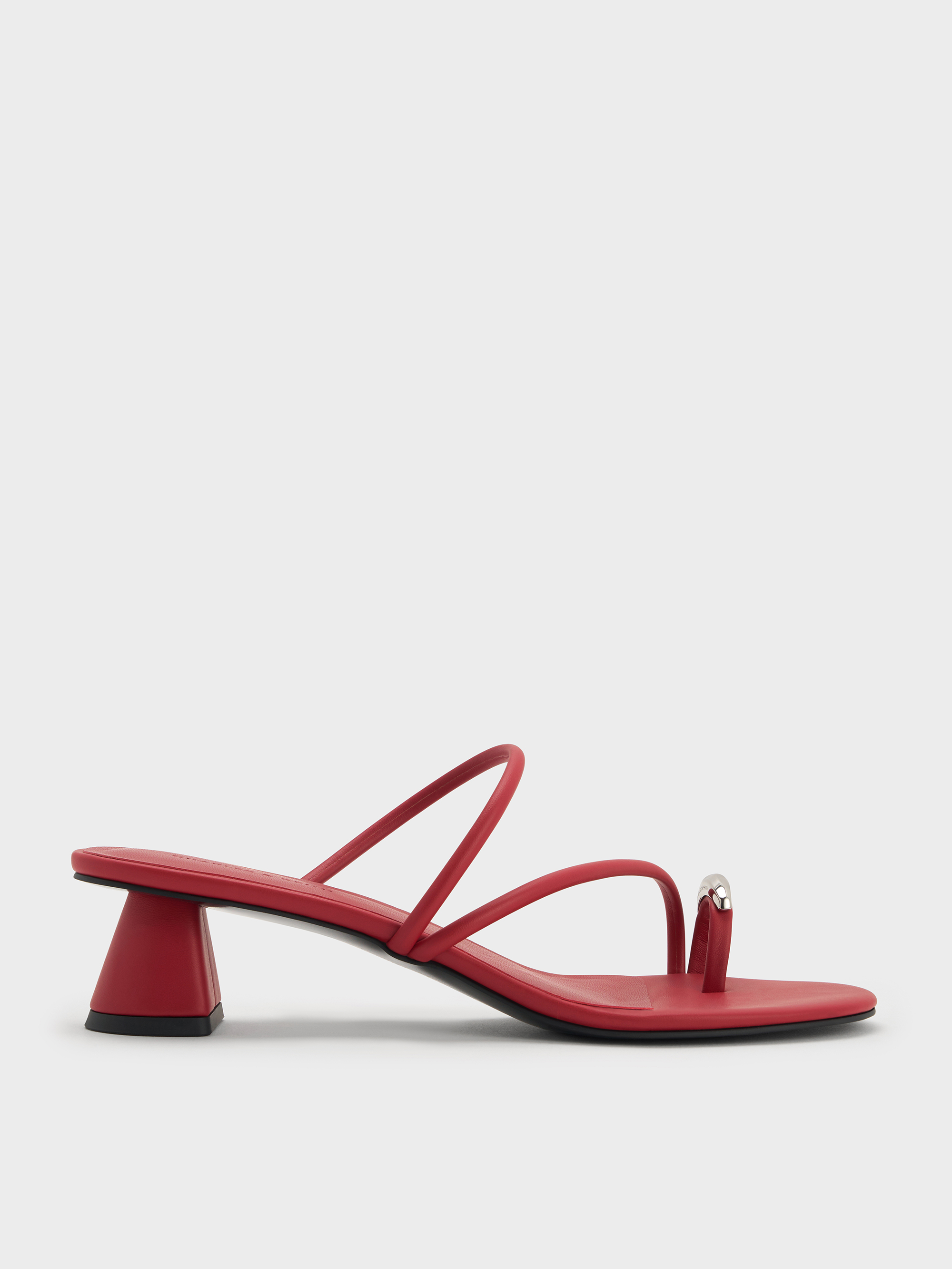 Red Metallic-Accent Strappy Toe-Ring Heeled Sandals - CHARLES & KEITH UK